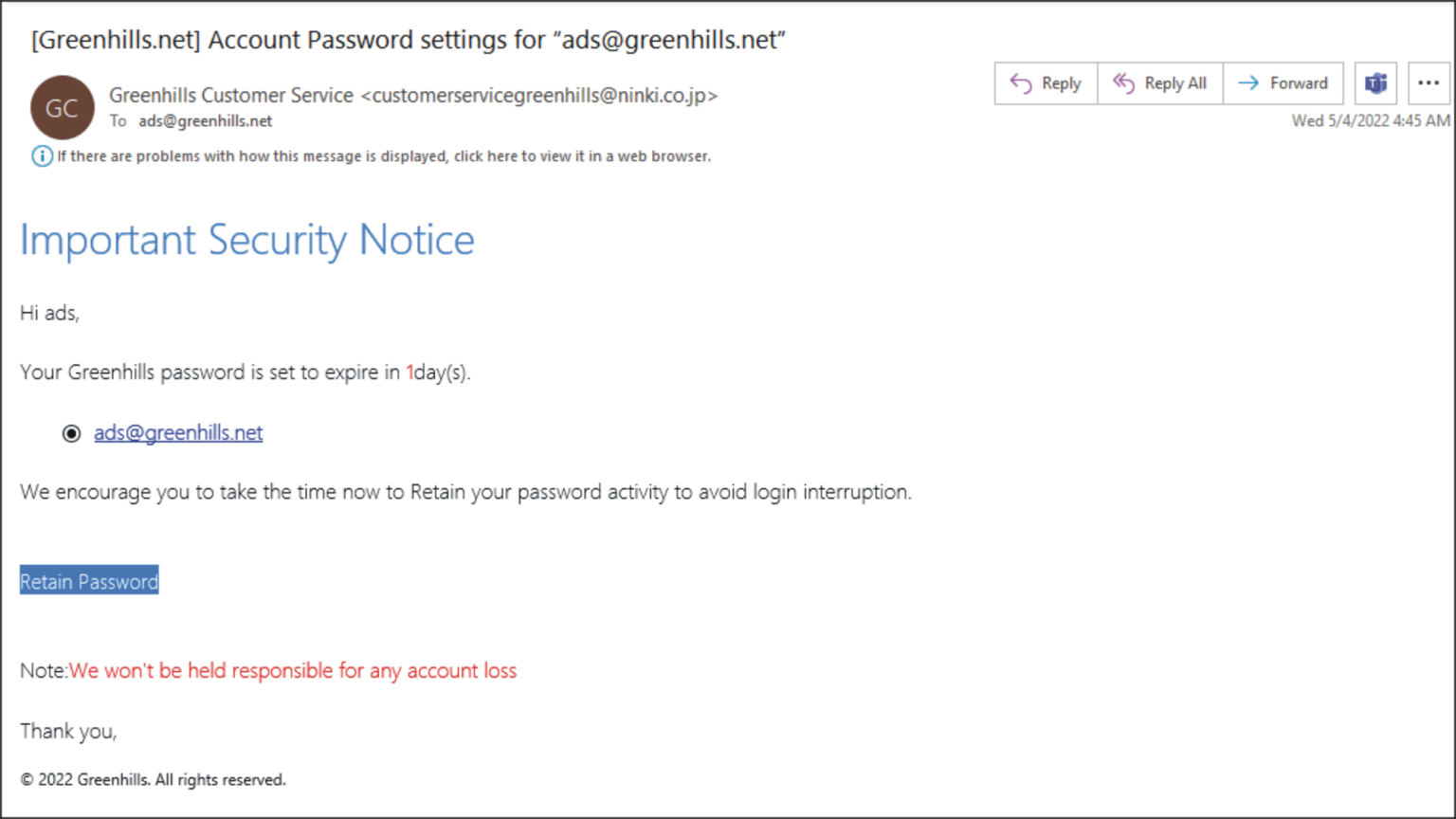 Important Security Notice Spam Email | Green Hills Communications